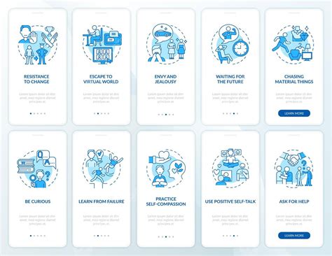 Set Of Mobile App Screens For Onboarding With A Blue Theme And A Focus On A Positive Mindset