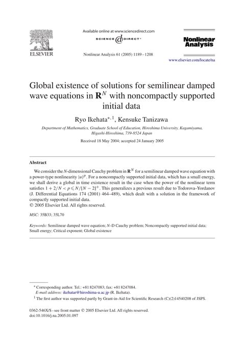 Pdf Global Existence Of Solutions For Semilinear Damped Wave Equations In Rn With Noncompactly