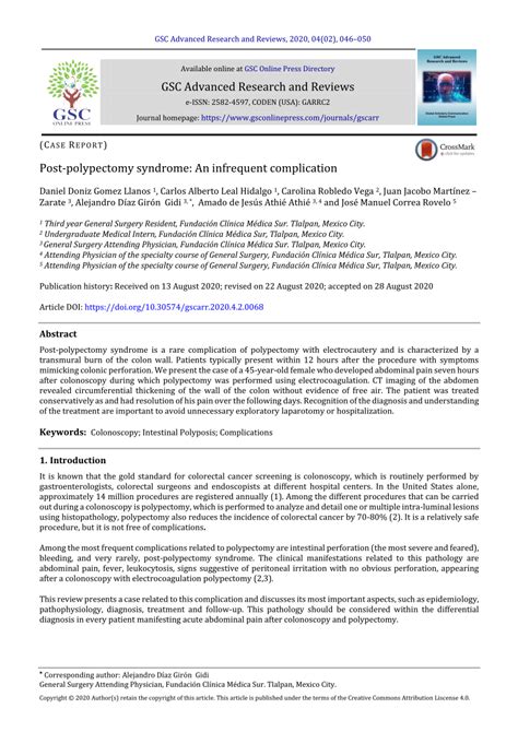 Pdf Post Polypectomy Syndrome An Infrequent Complication