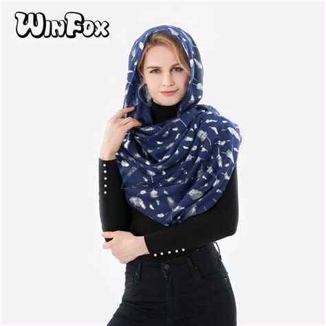 Winfox 2018 새로운 패션 경량 해군 흰색 호 일 슬라이 버 반짝이 깃털 무한대 Hijab 스카프 목도리 여자 숙 녀에
