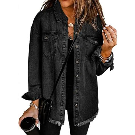 Eytino Plus Size Womens Denim Jean Jacket Long Sleeve Boyfriend Denim