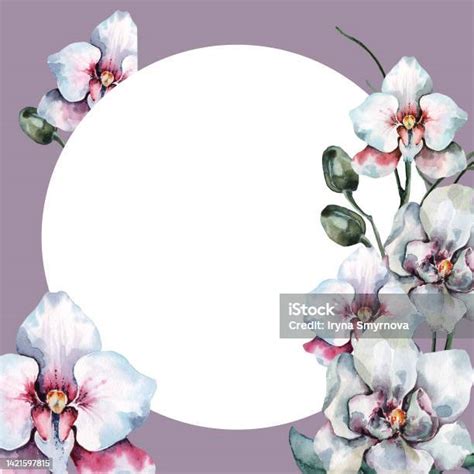 둥근 꽃 프레임 흰색 난초 피는 열대 꽃이있는 가지 좋은 이국적인 꽃다발 카드 청첩장 배너에 대한 라일락 배경에 손으로 그린 수채화 그림 0명에 대한 스톡 벡터 아트 및