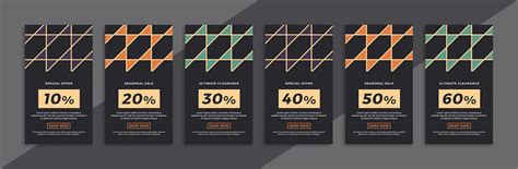 기하학적 패턴의 어두운 수직 홍보 웹 배너 소셜 미디어 모바일 앱 스토리에 대한 현대 판매 및 할인 프로모션 배경 세트 간단한 벡터 편집 가능한 배경 Eps 10 가격에