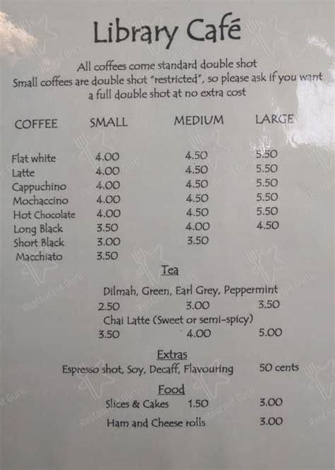 Menu At Library Cafe Auckland