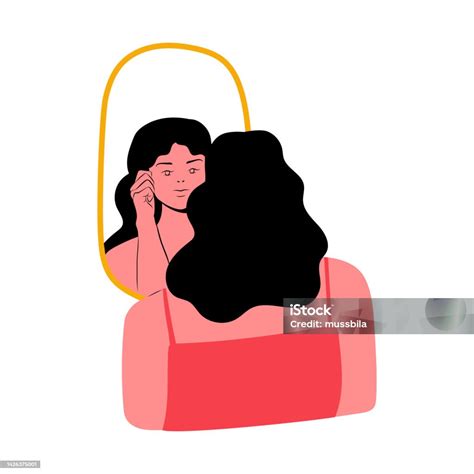 거울 일러스트레이션을 보는 여자 자기 수용과 자신감 개념 메이크업과 드레스 여자 메이크업 화장품에 대한 스톡 벡터 아트 및 기타