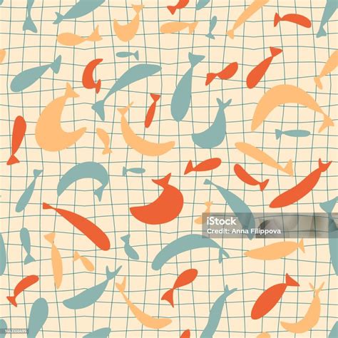 트리피 그리드 배경에 물고기 실루엣이 있는 현대적인 매끄러운 패턴 티 종이 섬유 및 직물을위한 완벽한 인쇄 장식과 디자인을 위한
