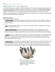 GEOL Lab 2 Minerals Docx Name GEOL GEOG 100 Lab 2 Minerals In This Laboratory Exercise You