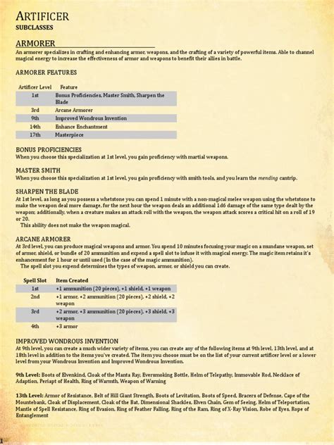 5e Subclasses Artificer Pdf D20 System Fantasy Role Playing Games
