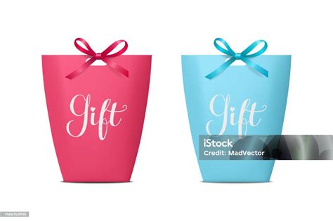 벡터 3d 현실적인 분홍색과 파란색 N 종이 선물 가방 생일 또는 실크 활 리본 파티에 대 한 상자 흰색 배경에 격리된 현재 아이콘 세트에 대한 휴대용 가방 크리스마스 생일