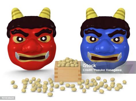 일본 악마 오 니와 절 분 3 차원 일러스트 레이 션 콩의 마스크 0명에 대한 스톡 사진 및 기타 이미지 istock