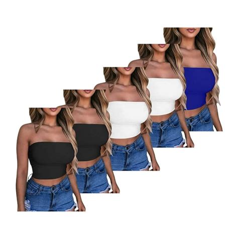 Womens 5 Pack Tube Tops Basic Layered Tube Top Bustier Off Shoulder