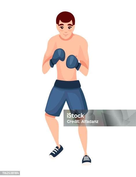 권투 장갑 스포츠 바지에 복서 는 흰색 배경에 고립 된 훈련 만화 캐릭터 디자인 평면 벡터 일러스트에 방어 자세에 서 경쟁에