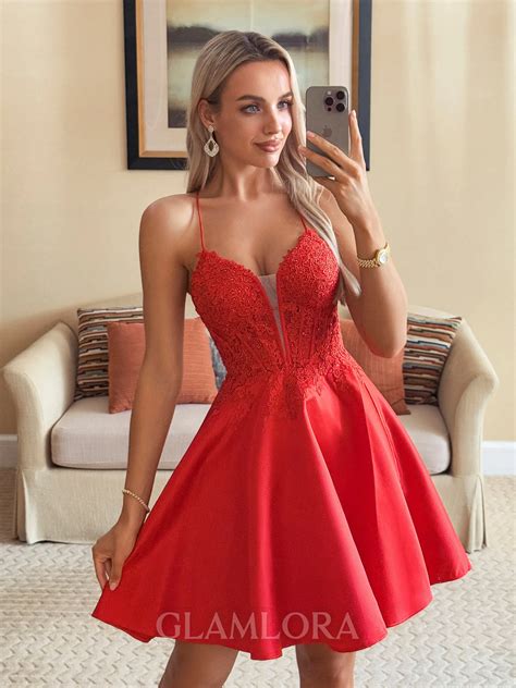 Fashion A Line Spaghetti Straps Corset Appliques Lace Shortmini Satin