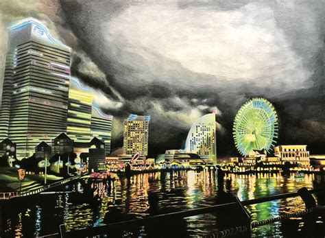 夜色のヨコハマ 色鉛筆 原画 色鉛筆画 絵 絵画 横浜 夜景 みなとみらい 桜木町 インテリア プレゼント Yune 色鉛筆画家