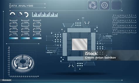 파란색 배경에 조명이 있는 마이크로칩 프로세서 Ai 회로 기판 기술 배경입니다 Hud Ui Gui 스타일 개념의 중앙 컴퓨터 프로세서 Cpu 마 더 보드 디지털 칩 그래픽