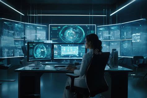 Futuristic Workstation With Multiple Monitors Displaying Data Stock Illustration Illustration