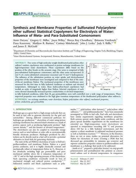Pdf Synthesis And Membrane Properties Of Sulfonated Polyarylene Ether Sulfone Statistical