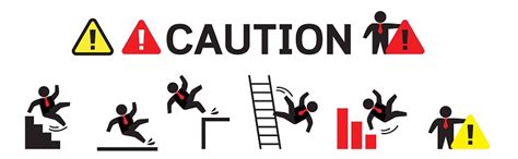 떨어지는 스틱 그림 남자와 주의 기호입니다 젖은 바닥 계단에 배신 그리고는 Egde 사다리에서가 작업 환경 안전 그리고 부상 벡터 일러스트 레이 션입니다 건설 산업에 대한