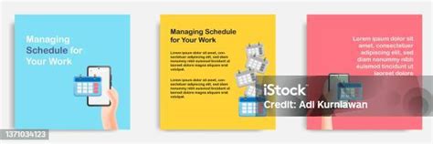 소셜 미디어 유익한 게시물 배너 템플릿 디자인 3d 만화 스타일 휴대 전화 앱 일정 알림 개념 멀티 컬러 3차원 형태에 대한 스톡 벡터 아트 및 기타 이미지 Istock