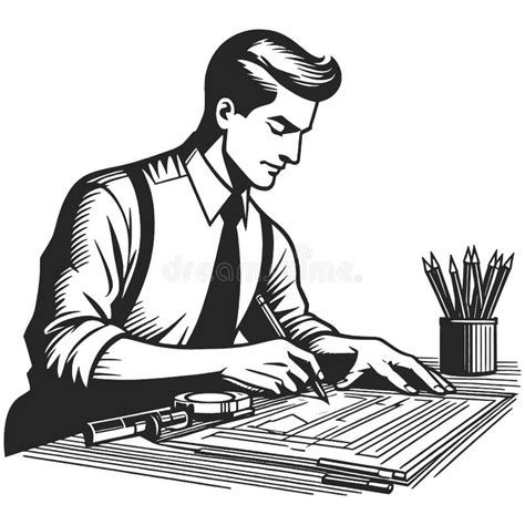 Architect Drafting Blueprint Engraving Raster Stock Illustration Illustration Of Office