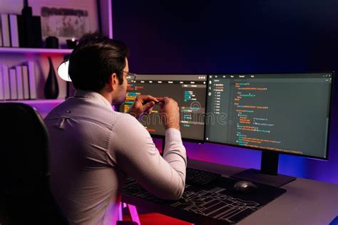 Working Smart It Developer Analyzing Data Software Development On Pc Surmise Stock Image