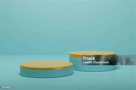 3d 하늘색 실린더 제품은 빈 배경에 금색 상단 표면이 있는 연단을 표시합니다 3d 모형 그림 3차원 형태에 대한 스톡 사진 및 기타 이미지 Istock