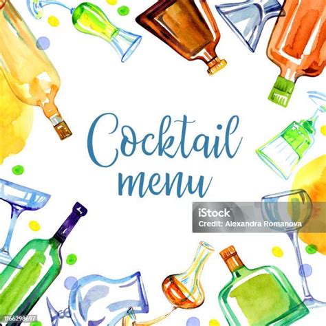 컬러 유리 알코올 병 칵테일 및 음주 안경과 직사각형 프레임 디자인 템플릿 수채화 손 그린 스케치 일러스트 수채화에 대한 스톡
