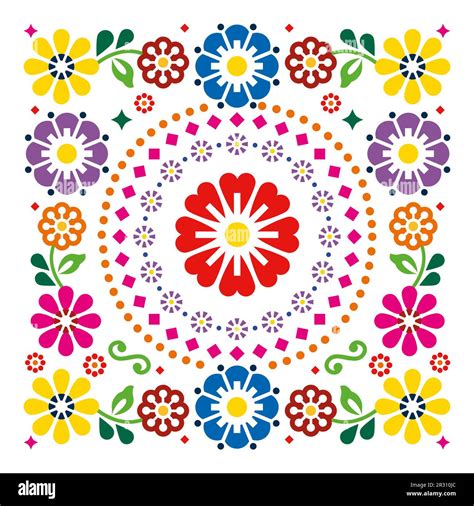 Mexican Folk Art Style Vector Square Floral Vibrant Pattern Greeting Card Or Invitation Design