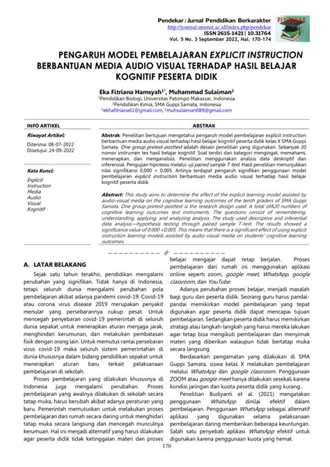 Pdf Pengaruh Model Pembelajaran Explicit Instruction Berbantuan Media Audio Visual Terhadap