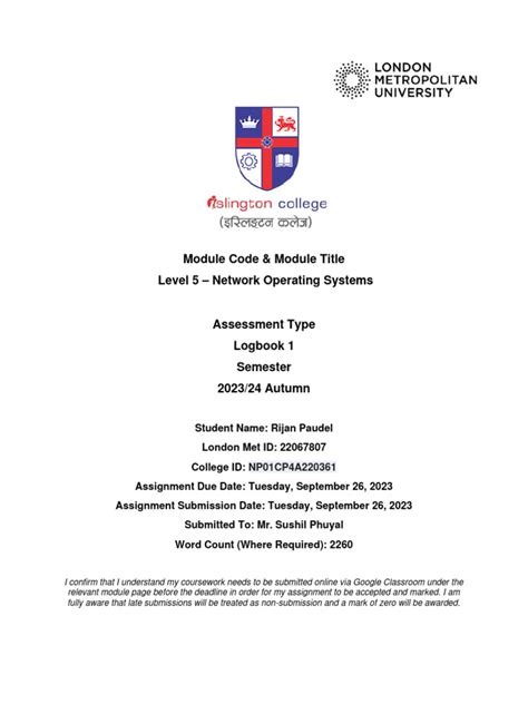 Network Operating System Logbook 1 Islington College Pdf Network Topology Computer Network