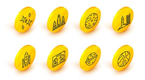 떨어지는 별 행성 금성 밤하늘의 천체 지도 우주 왕복선 및 로켓 우주 정거장에서 로켓 발사 위성 접시 및 아이콘을 설정합니다