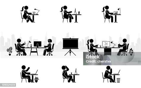 작업장 사이드 뷰 실루엣 픽토그램 아이콘 벡터 세트에 앉아 있는 스틱 피겨 사무실 작업자 도시 경관 배경에 현대 회의실에서 일하는 남자와 여자 직원을 스틱 책상에 대한 스톡