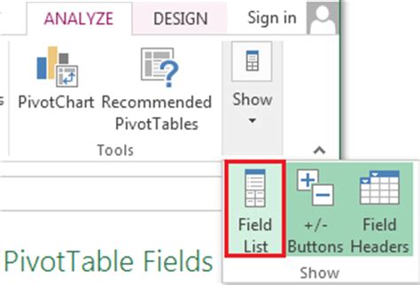 PivotTable Field List Dialog Box In Excel 2007