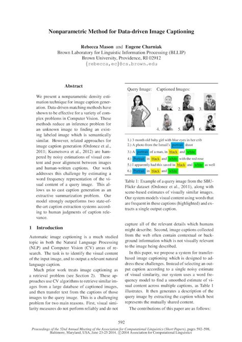 Pdf Nonparametric Method For Data Driven Image Captioning · Be Easily Reproduced By Both Cv