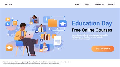 노트북에서 무료 온라인 과정을 시청하는 믹스 레이스 학생 교육의 날 라이브 웨비나 E러닝 개념 가상현실에 대한 스톡 벡터 아트 및 기타 이미지 Istock