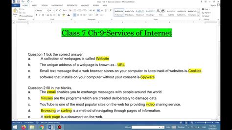 It Planet Class 7 Ch 9 Services Of Internet Exercise Solution Youtube