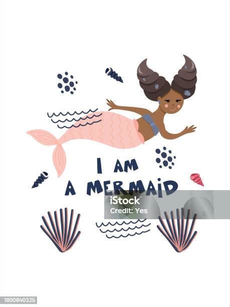 조개껍데기와 산호 사이 바다 아래 귀여운 인어 벡터 손으로 그린 그림 나는 포스터와 카드에 대한 인어 레터링입니다 0명에 대한