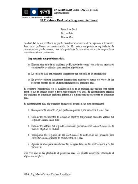 El Problema Dual De La Programación Lineal Pdf Programación Lineal
