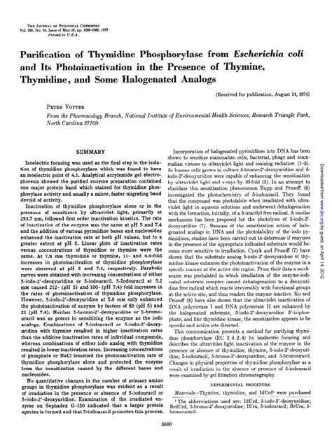 Pdf Purification Of Thymidine Phosphorylase From Escherichia Coli And