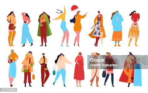 흰색 평면 벡터 일러스트레이션에 고립 된 여성 패션 캐릭터 패션 의류에 아름다운 여성 액세서리와 상세한 여성 캐릭터 가공의