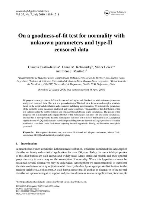 Pdf On A Goodness Of Fit Test For Normality With Unknown Parameters And Type Ii Censored Data