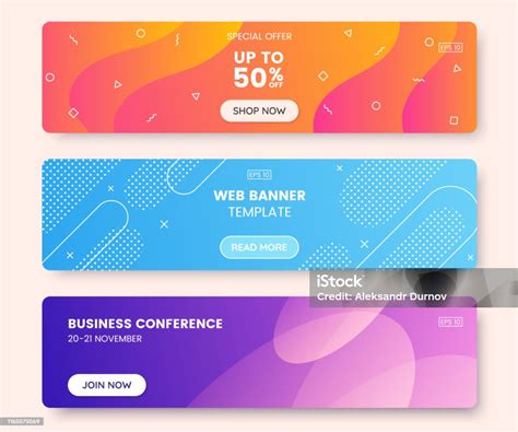 푸시 버튼과 다채로운 웹 배너 개념 그라데이션 색상과 추상적 인 동적 모양과 수평 프로모션 배너의 컬렉션입니다 웹 사이트에 대한 헤더 디자인입니다 활기찬 배경 세일에 대한