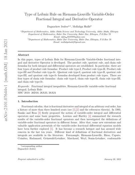 Pdf Type Of Leibniz Rule On Riemann Liouville Variable Order Fractional Integral And