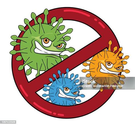 흰색 배경에 격리 된 Signvector에서 벗어나려고 하는 코로나바이러스 만화 화가 세균을 중지하십시오 스톡 일러스트 벡터