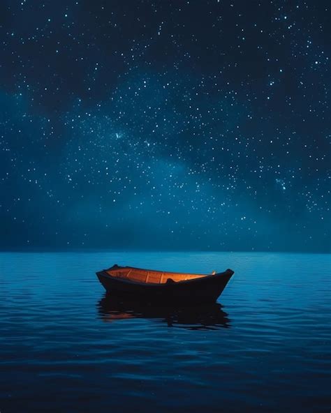 A 3d Poster Depicting A Solitary Boat Under A Starry Sky Premium Ai