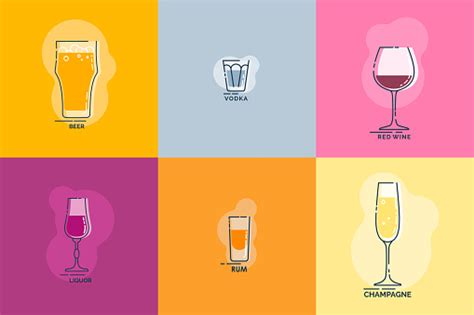 샷 맥주 보드카 레드 와인 주류 럼 샴페인 와인 잔 라인 아트 플랫 스타일 축하 디자인에 대한 레스토랑 알코올 일러스트 음료 개요 아이콘입니다 격리된 등고선 오브젝트 0명에