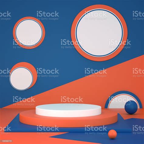 연단 오렌지 공과 손바닥 잎 벽에 그림자와 제품 프리젠 테이션을위한 무대 사각형과 항목을 제시하기위한 둥근 추상 적 흰색 플랫폼