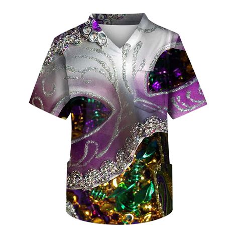 Qcmgmg Men Scrubs Mardi Gras V Neck Carnival Themed Short Sleeve Parade Scrubs For Men Graphic