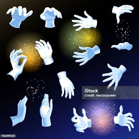 마법의 손을 마술사 나 마술 지주 마법의 지팡이 또는 발광 공 배경에 고립 된 미스터리 성능을 보여주는 만화 캐릭터의 무기