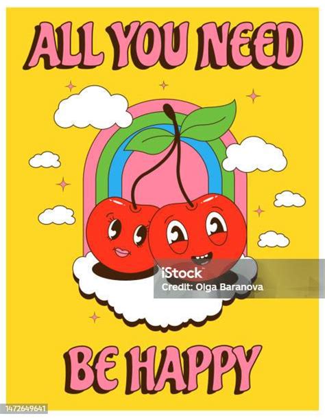 무지개 배경 구름 노란색 배경에 체리가 있는 복고풍 그루비 포스터 트렌디 한 만화 복고풍 60 년대 70 년대 스타일 엽서 인쇄